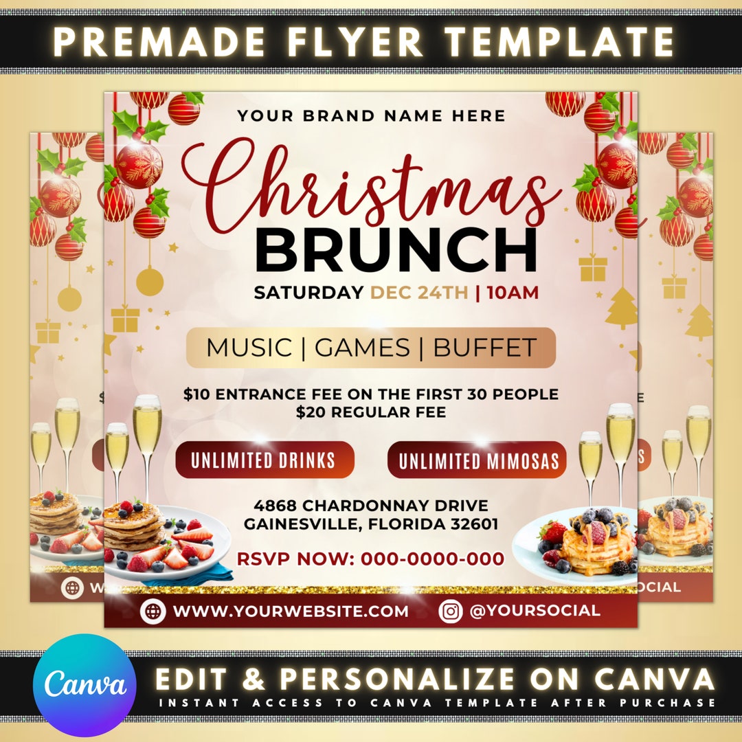 Christmas Brunch Flyer, DIY Flyer Template Design, December Party ...
