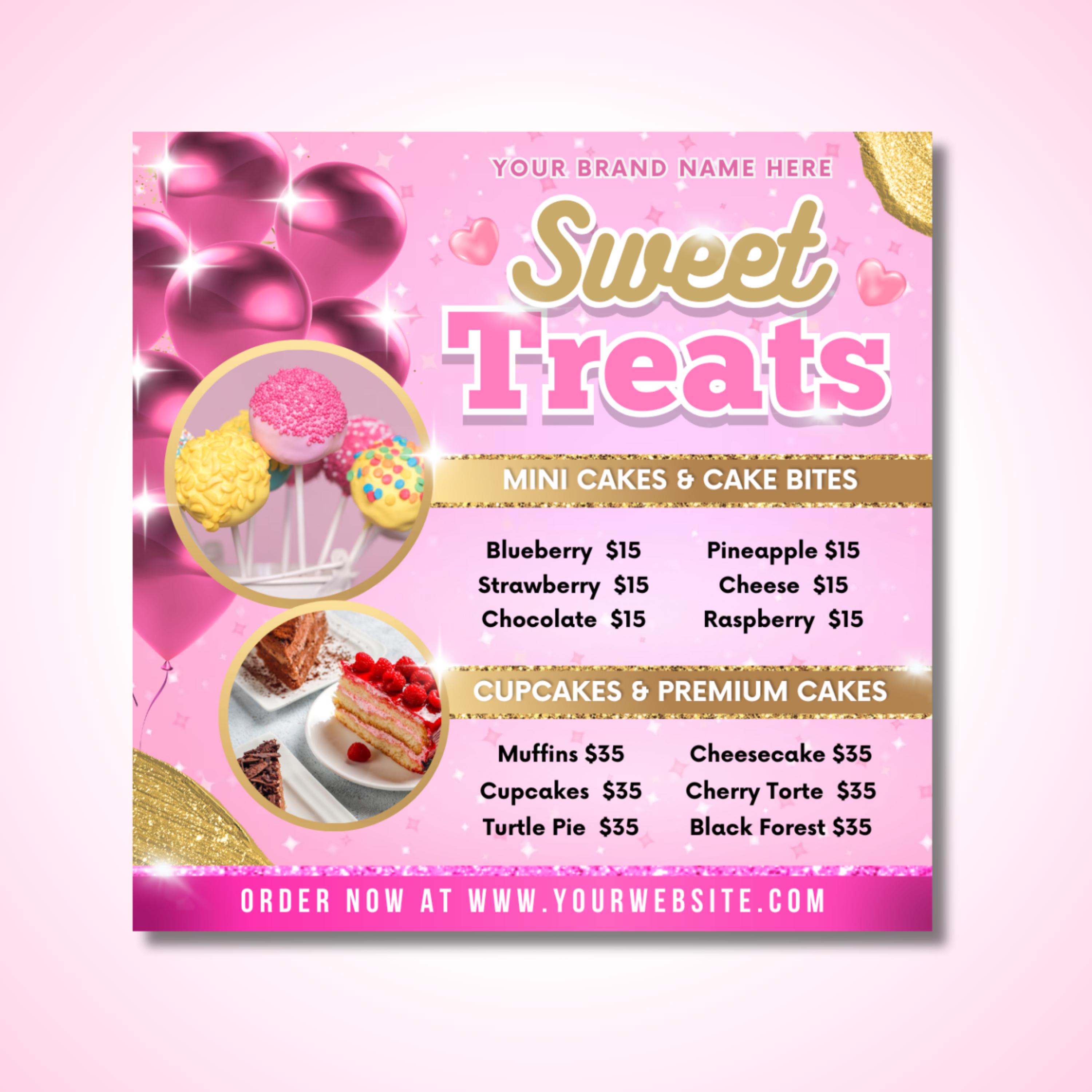 Bakery Flyer Template: Sweet Treats Cake Menu, Dessert Pricing Promo ...