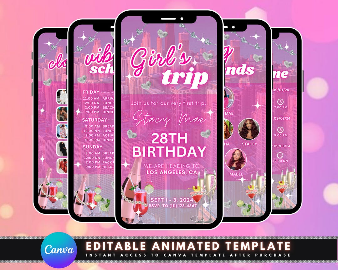 Animated Girls Trip Invitation, DIY Template Design, Girls Itinerary ...