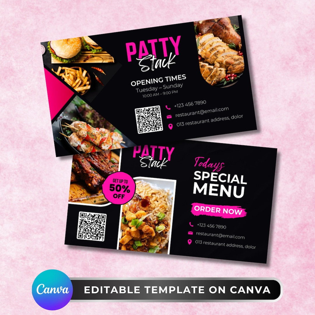 Restaurant Business Card Template, Editable Canva Food Business ...