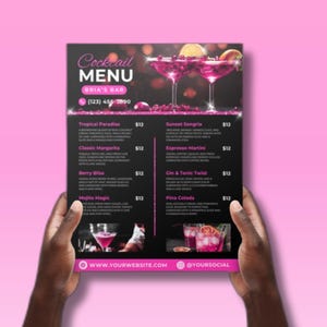 Cocktail Menu Flyer, DIY Flyer Template Design, Pink Menu Flyer ...