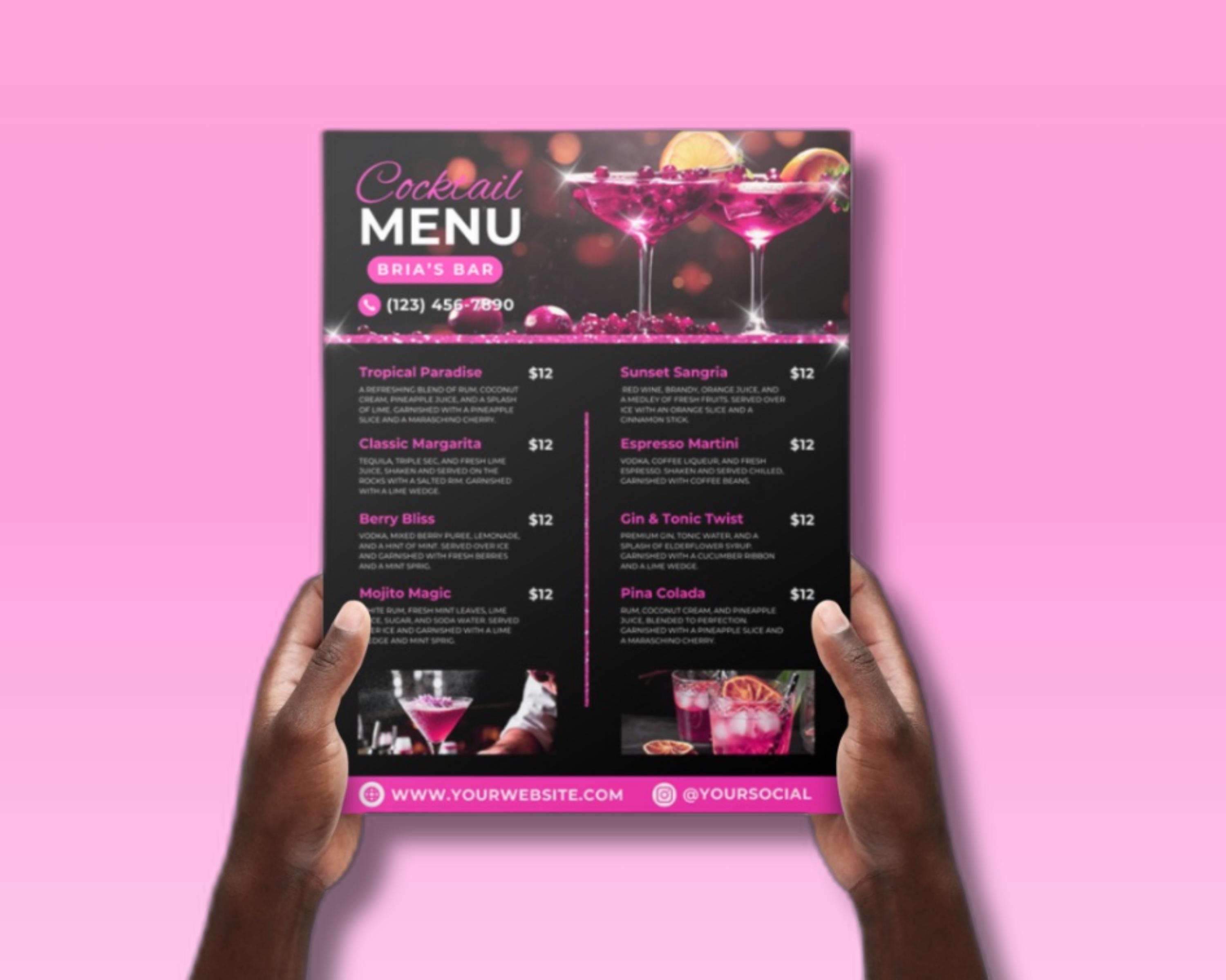 Cocktail Menu Flyer, DIY Flyer Template Design, Pink Menu Flyer ...