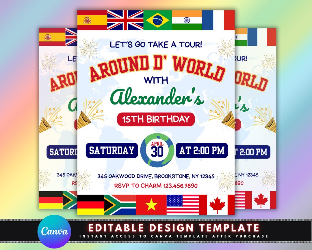 Around the World Birthday Invitation, DIY Flyer Template Design, World ...