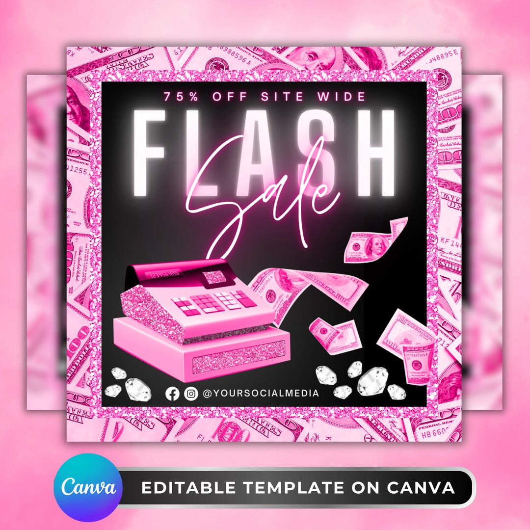 Flash Sale Social Media Template, Pink Glitter Sale Flyer, Editable ...
