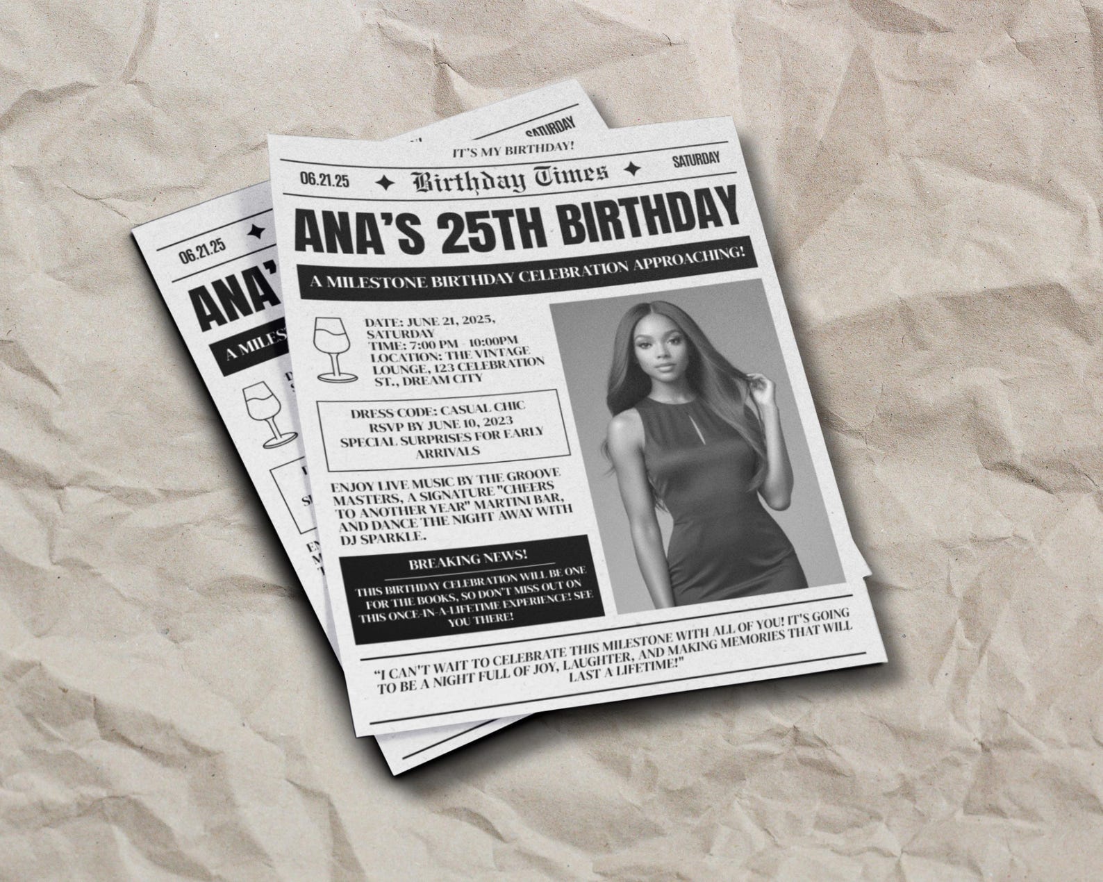 Newspaper Party Invitation, DIY Flyer Template Design, Celebration ...