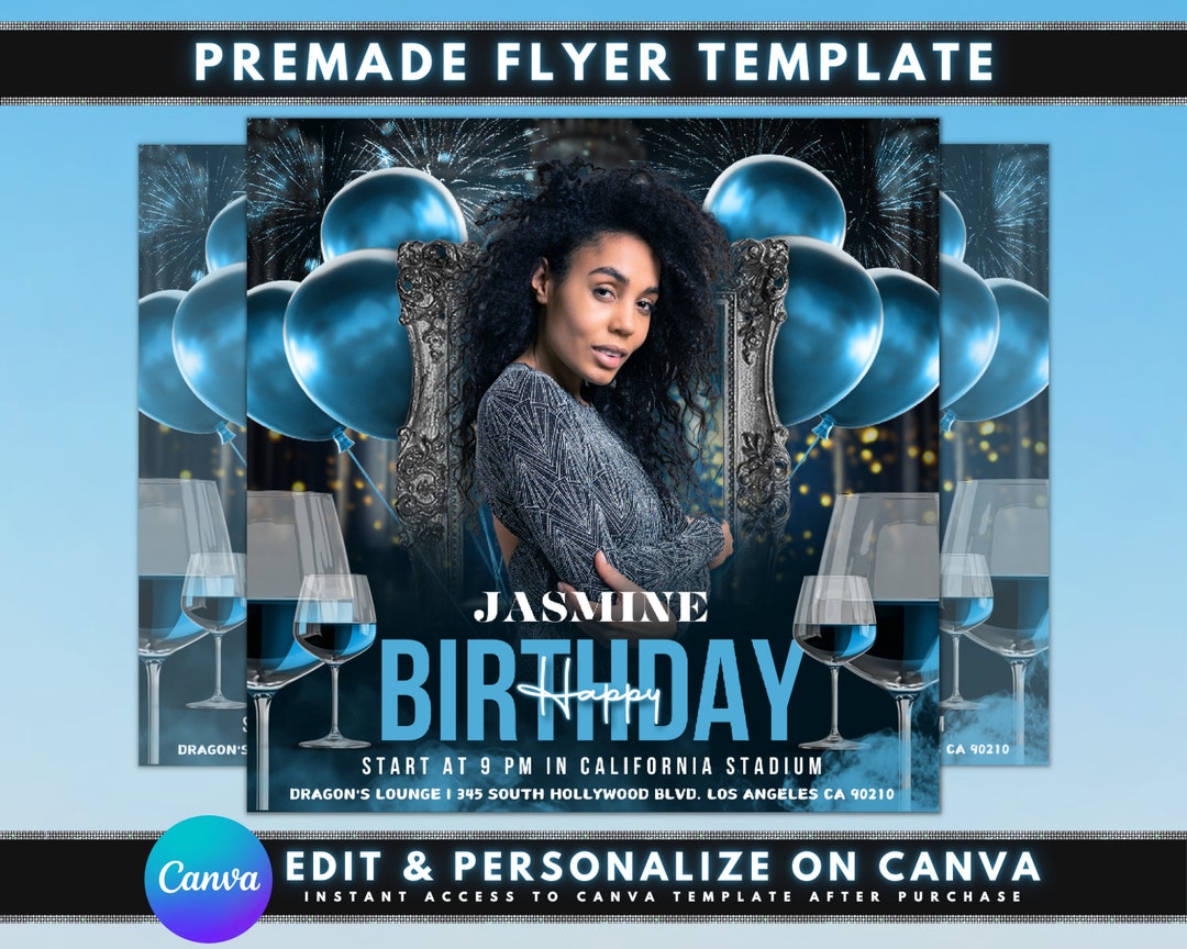 Blue Birthday Party Flyer, DIY Flyer Template Design, Birthday Girl ...