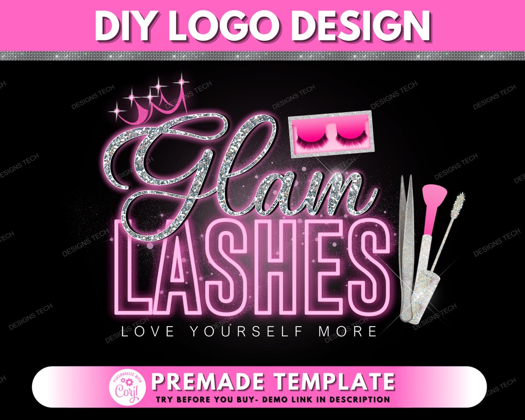 Lash Logo, DIY Logo Design Template, Eyelash Logo, Pink Neon Logo ...