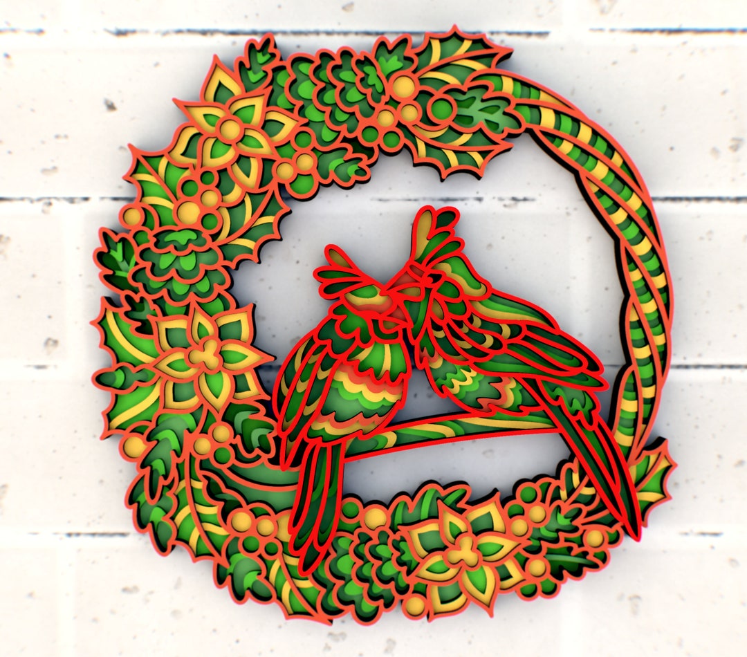 Christmasch Cardinals Birds Wreath 3D Mandala Cri Files, Multilayer ...