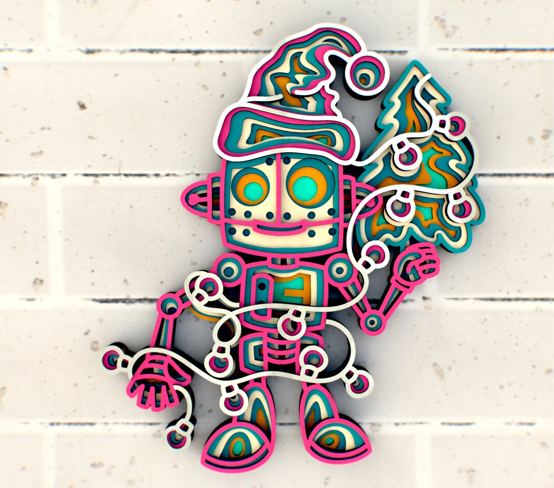 Robot With Christmas Tree 3D Svg Mandala Files, Multilayer Panel for ...
