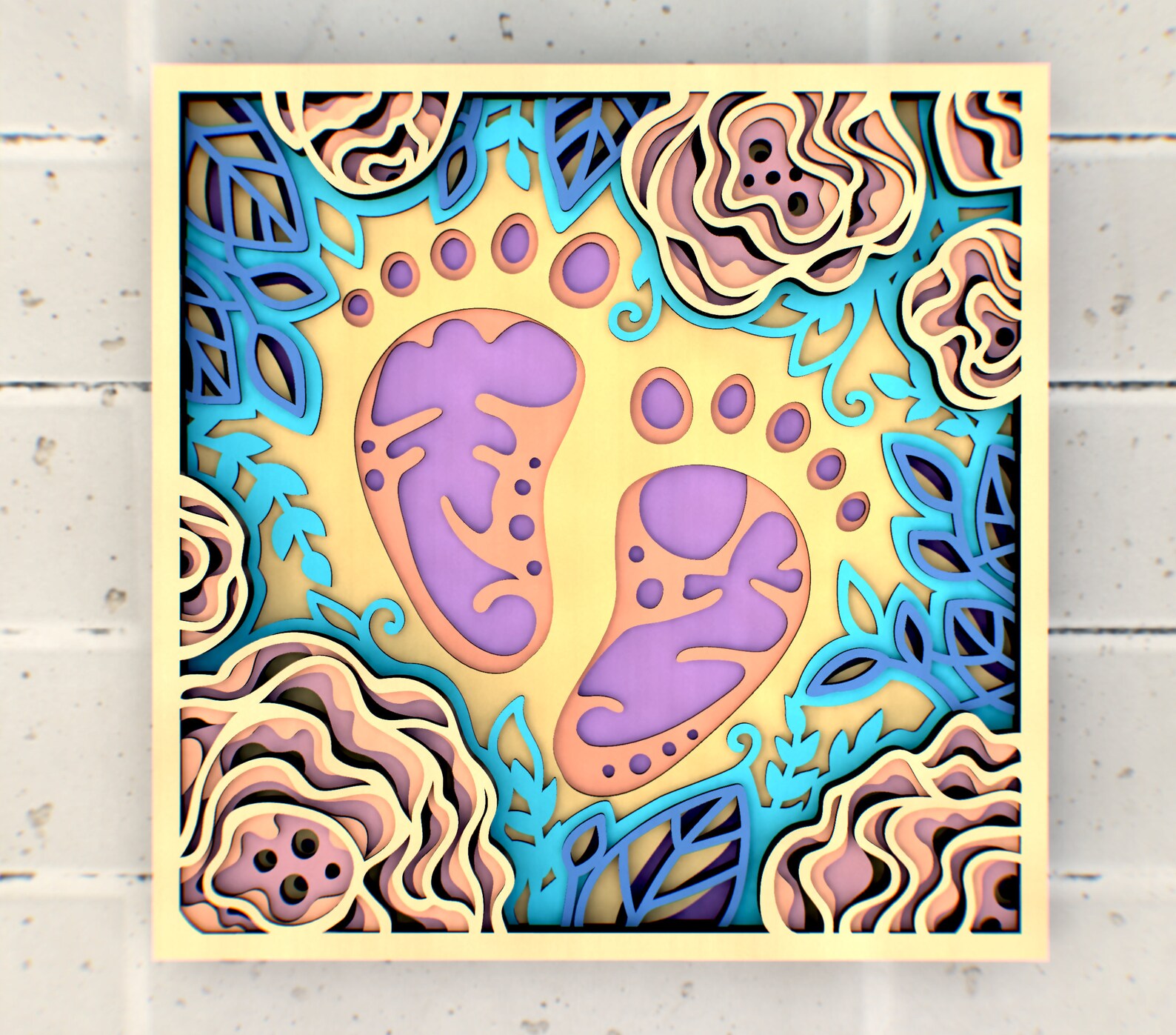 Baby Footprints in Flowers 3D Svg Mandala Files, Multilayer Panel for ...