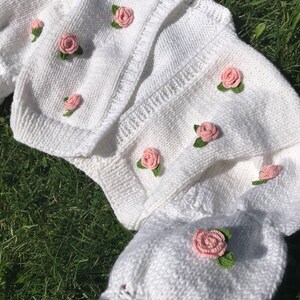 Pink Roses Cardigan, Chunky Cropped Cardigan for Woman, White Sweater ...