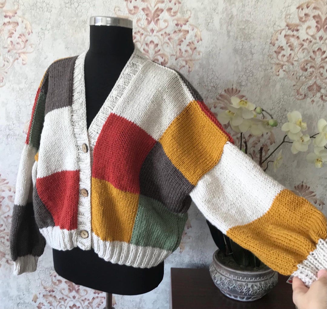 Hand Knit Patchwork Cardigan: Colorblock Wool Blend Sweater - Etsy