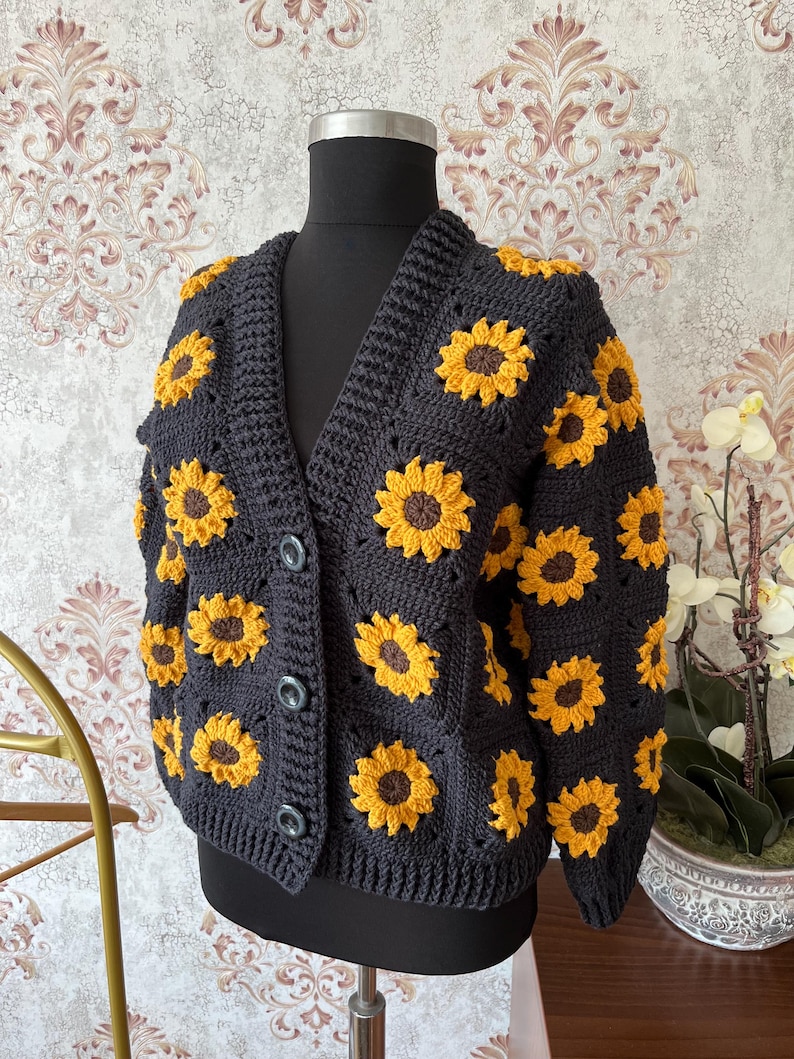 Crochet Sunflower Black Cardigan: Handmade Cotton Cropped Sweater - Etsy UK