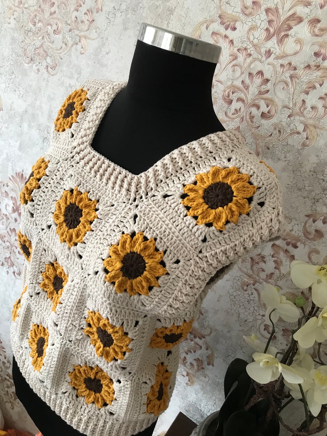 Crochet Sunflower Granny Square Vest: Knit Floral Cotton Blend - Etsy