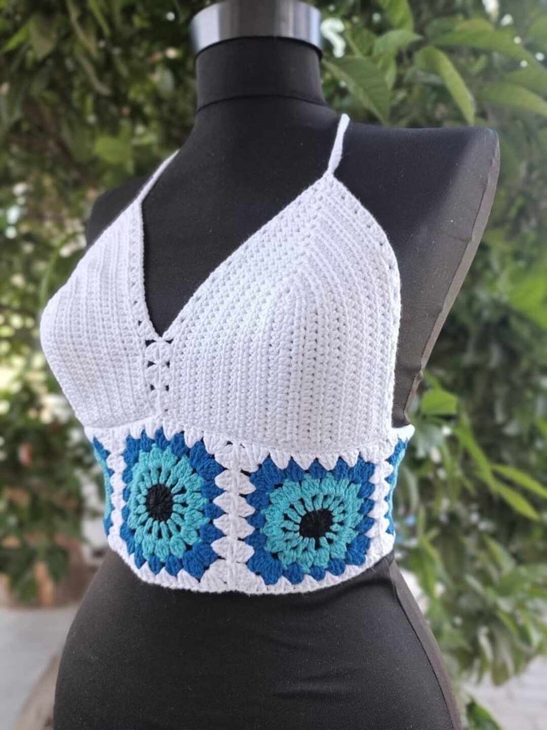 White Crochet Evil Eye Crop Tops, Granny Square Top, Vegan Crochet Knit ...