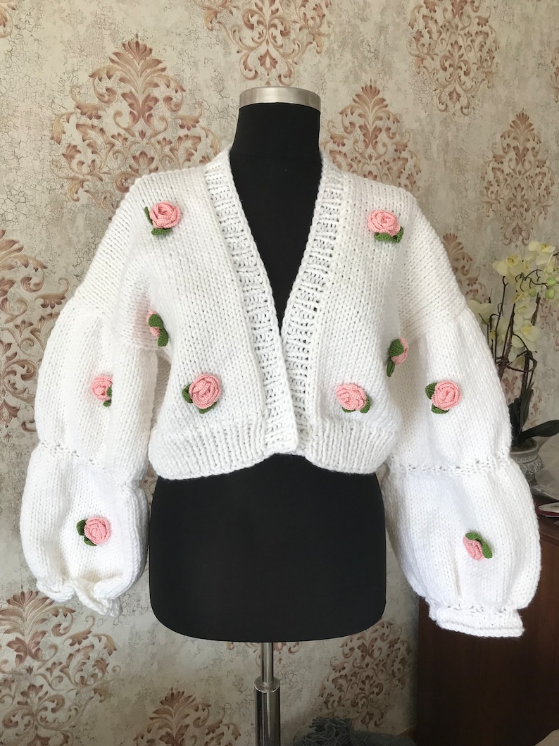 Pink Roses Balloon Sleeve Cropped Cardigan for Women, Love Roses ...