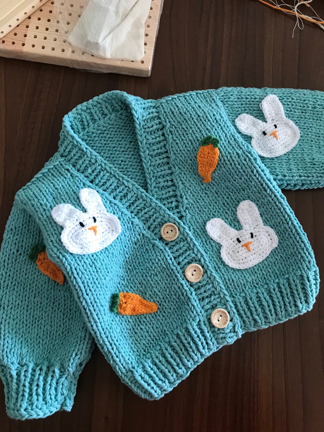 Hand-knitted Easter Cardigan: Bunny & Carrot Motif, Chunky Knit - Etsy