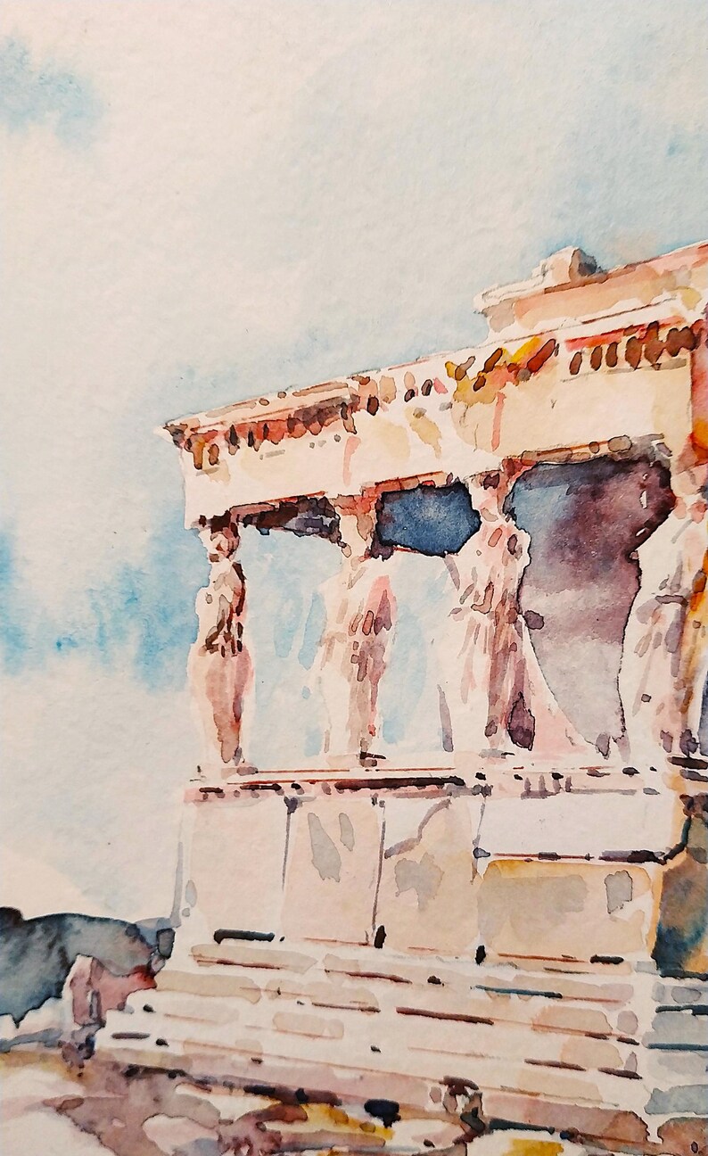 Acropolis Caryatid Statues Watercolor Painting, Caryatid Statues Athens ...
