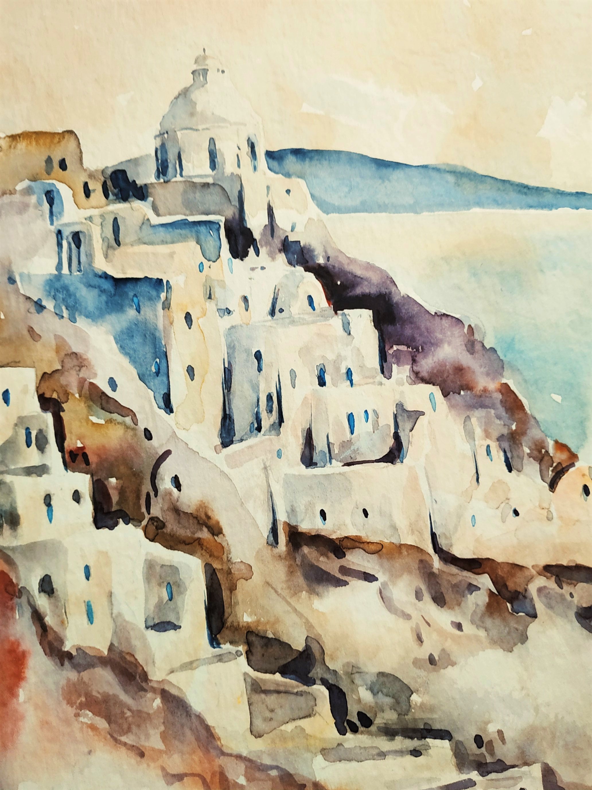Water Color Painting, Greece Island Painting , Santorini Greece Island ...