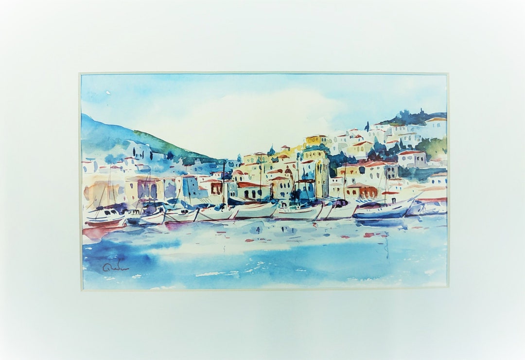 Water Color Painting, Greece Island Wall Art, Hydra Island Watercolor ...