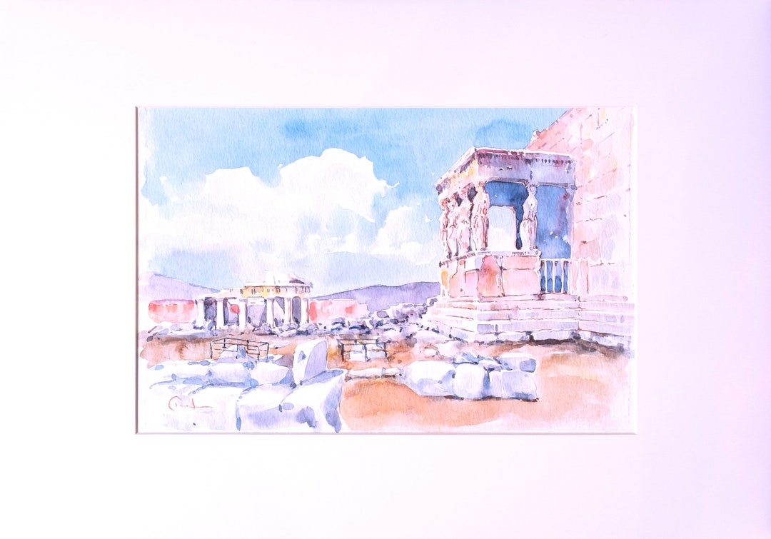 Acropolis Caryatid Statues Watercolor Painting, Caryatid Statues Athens ...