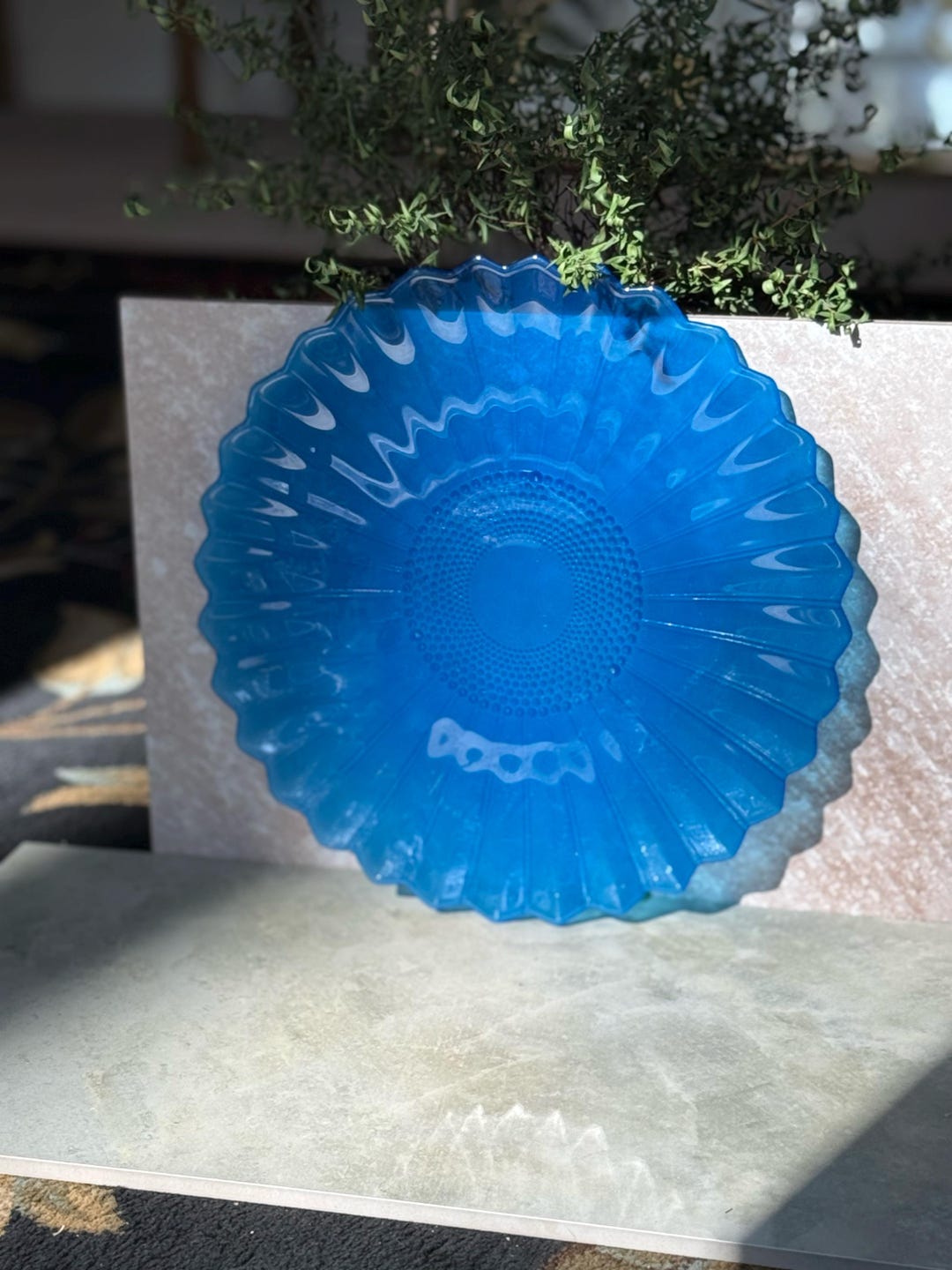 Vintage Electric Blue Flower Glass Plates France, Floral Colored Glass ...