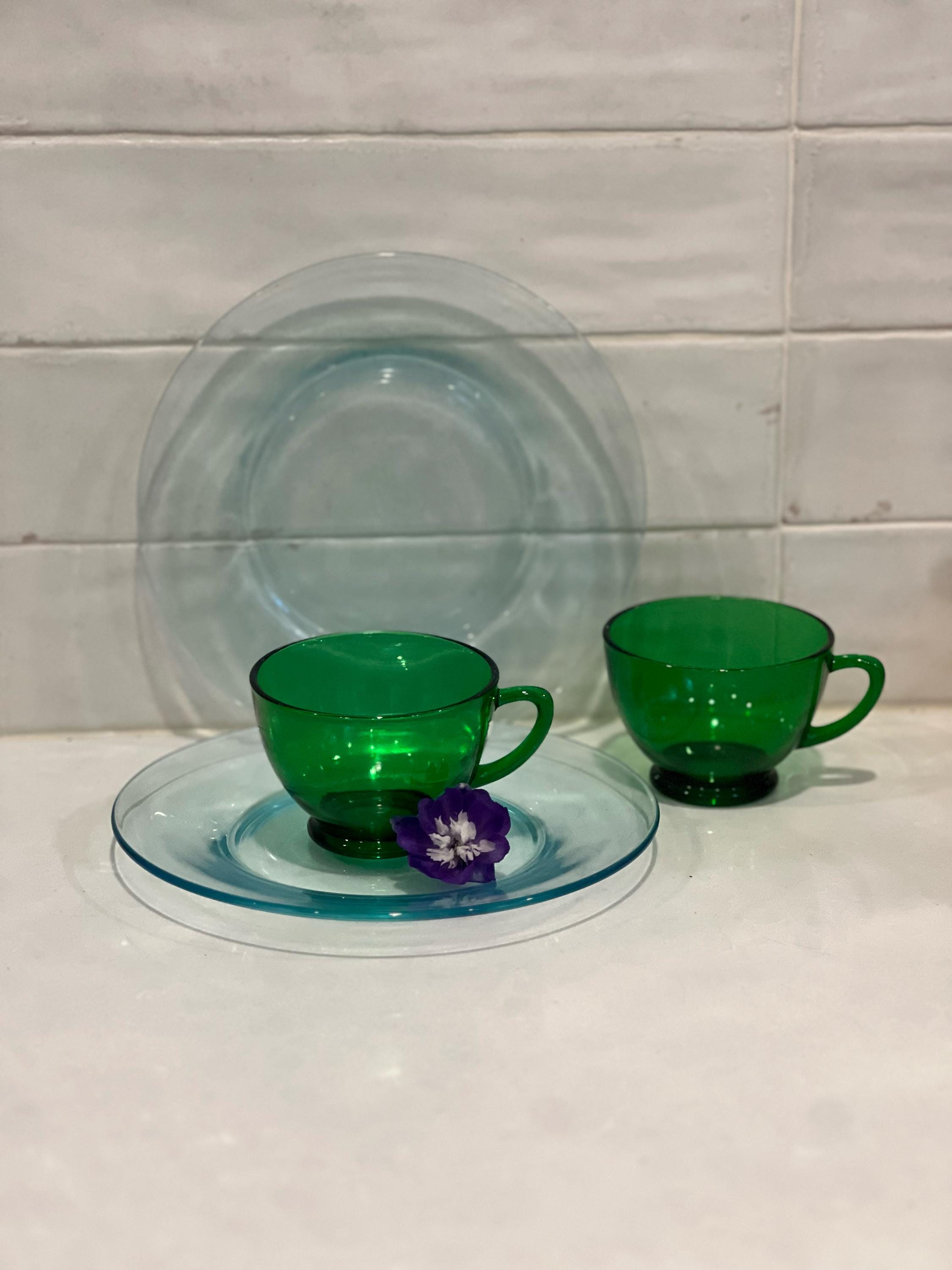 Unique Vintage Glass Green Espresso/coffee Set for 2, Light Blue Plates ...