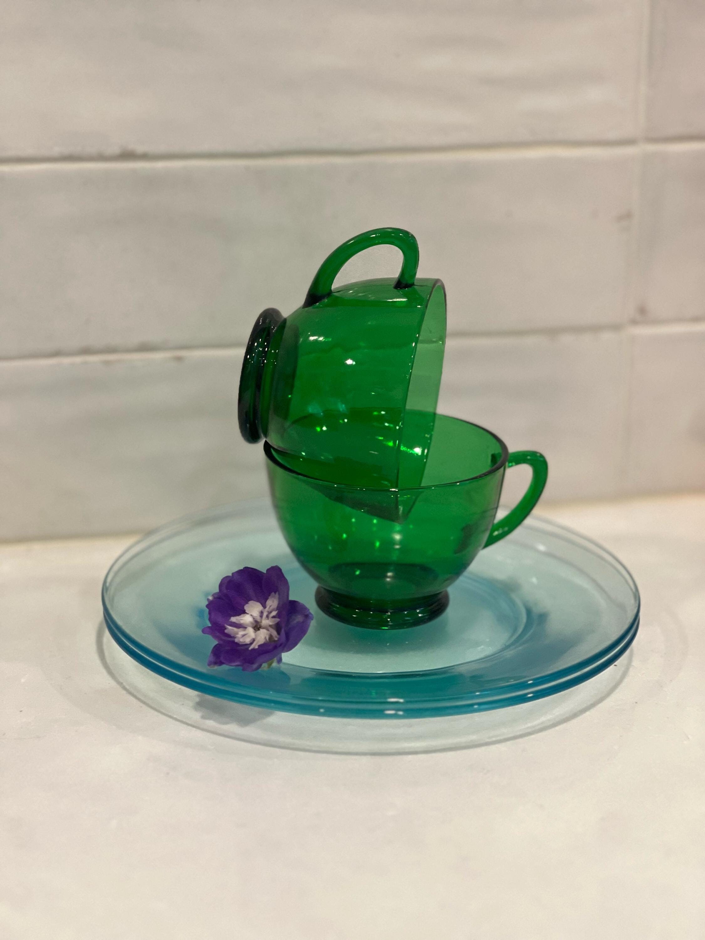 Unique Vintage Glass Green Espresso/coffee Set for 2, Light Blue Plates ...