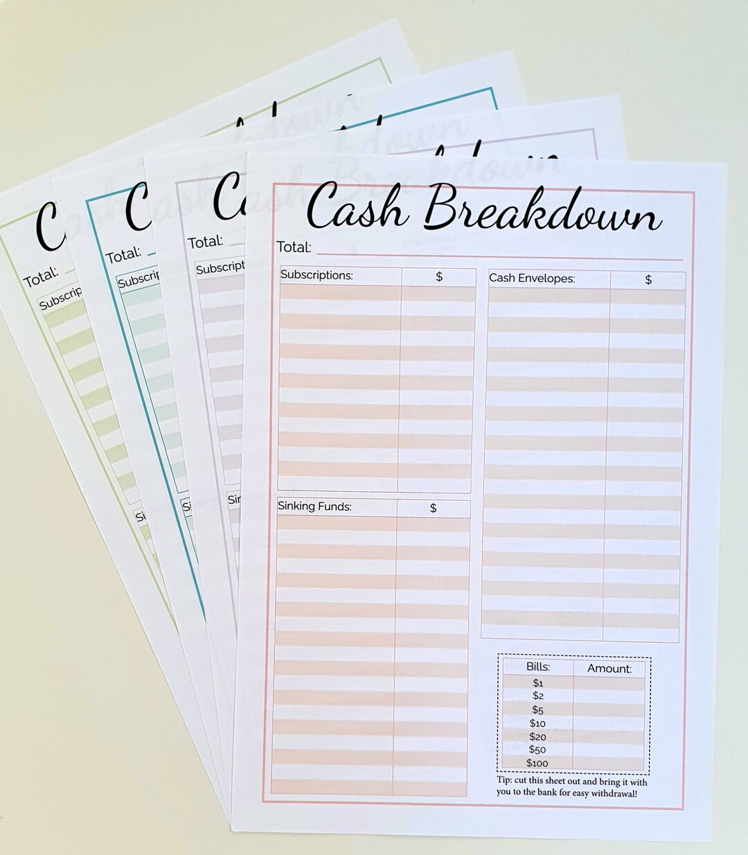 PRINTABLE [bundle] Cash Breakdown Sheets for CASH STUFFING Pastel ...