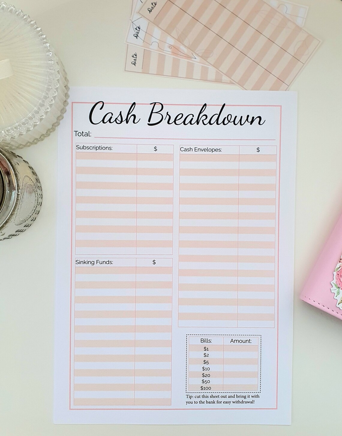 PRINTABLE Cash Breakdown Sheets for CASH STUFFING Pastel Pink, Instant ...