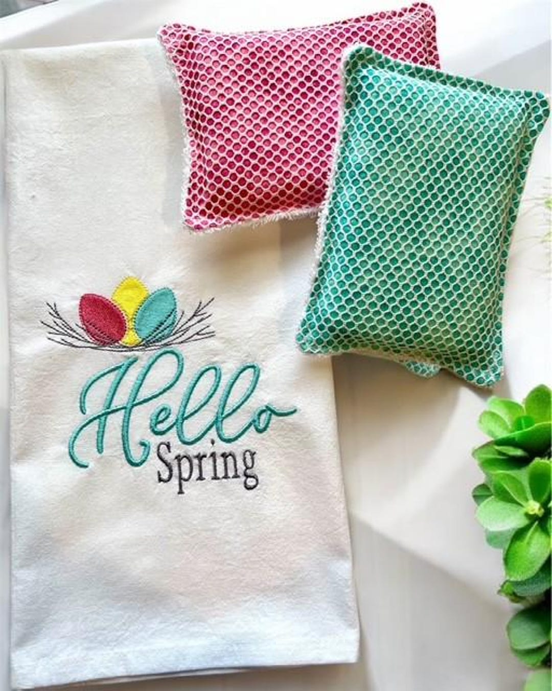HELLO SPRING Embroidered Kitchen Towel / Reusable Matching Sponges ...