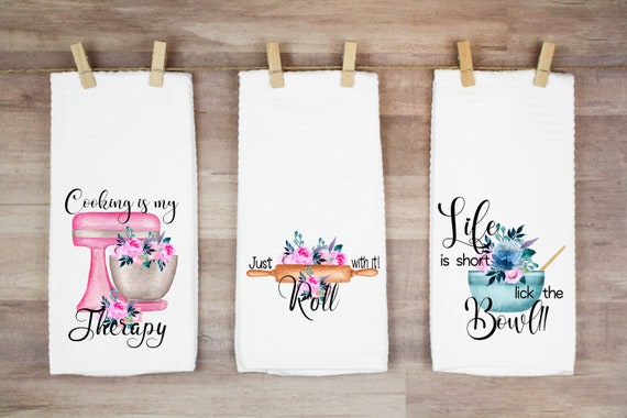 Kitchen Towels / Waffle Towels /funny/ Roll With It / Cooking | Etsy