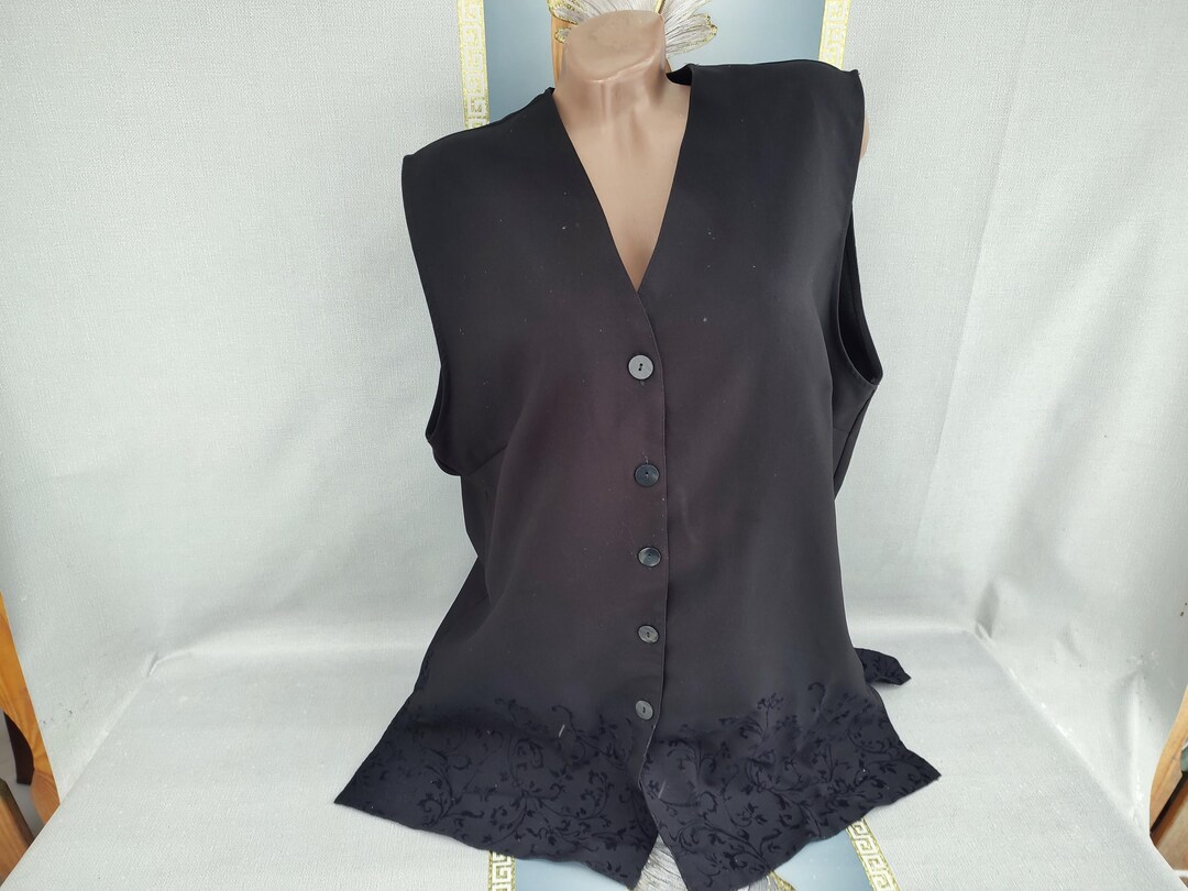 90s Women's Black V-neck Long Vest With Embroidery. Size XL-2XL. - Etsy