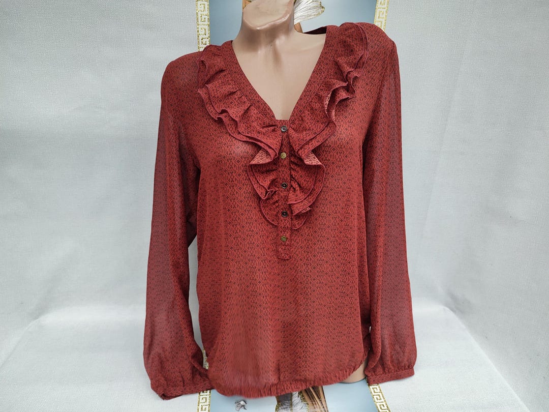 90s Women's Terracotta Geometric Blouse Jabot Long Sleeve. Size M. - Etsy