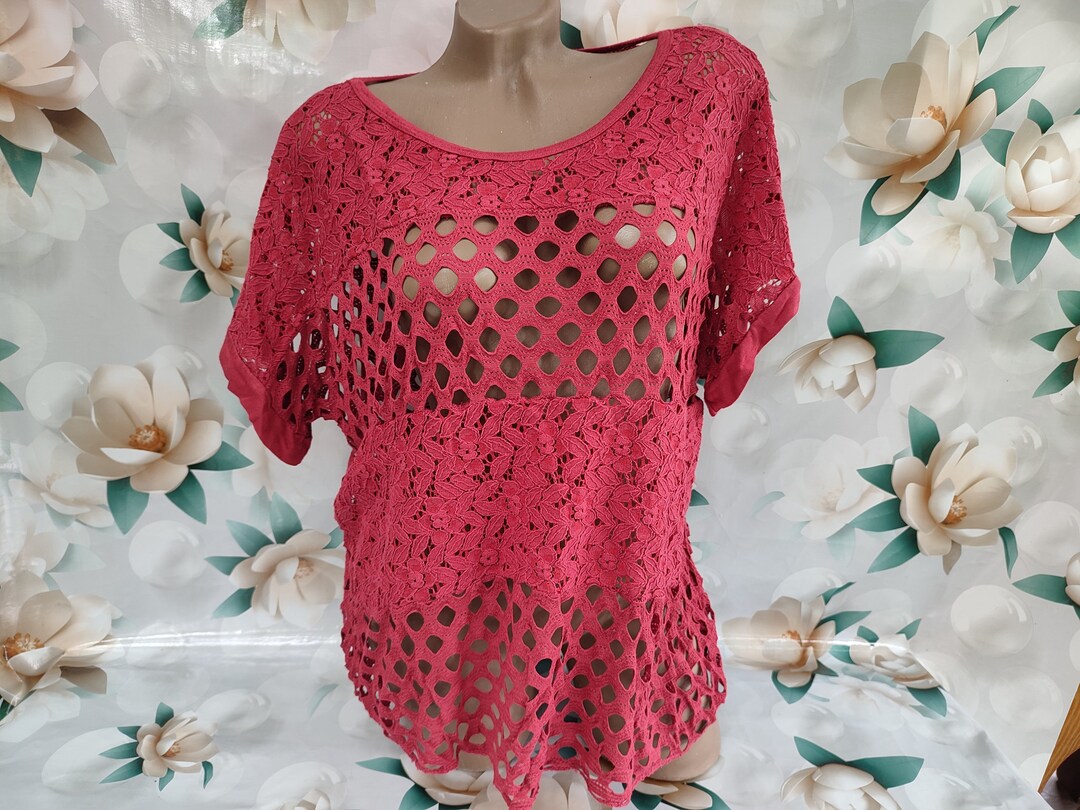 90s Vintage Mesh Eyelet Top - Red Boho Oversized Blouse XL-2XL - Etsy