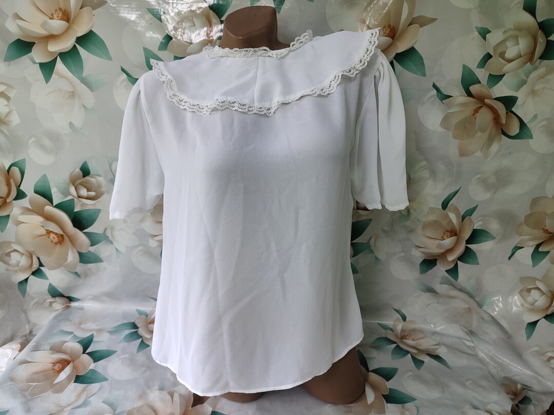 90s Vintage Womens White Blouse Round Lace Collar Short Sleeve. Size L ...