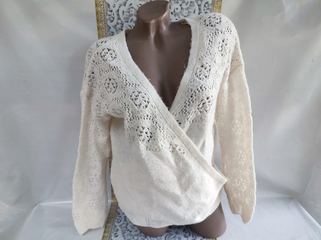 90s Hand Knit Angora Women's White Deep V Wrap Sweater. Size M-L. - Etsy