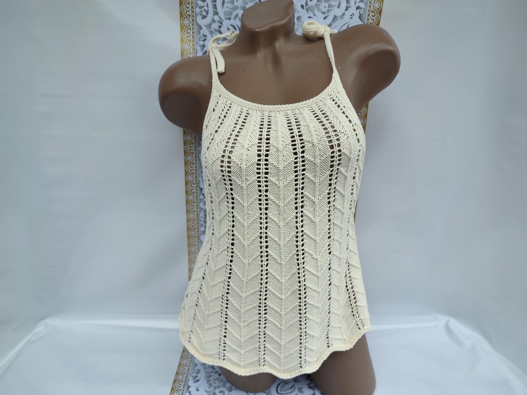 90s Vintage Cotton Women's White Knitted Tank Top Open Neck. Size S-M ...