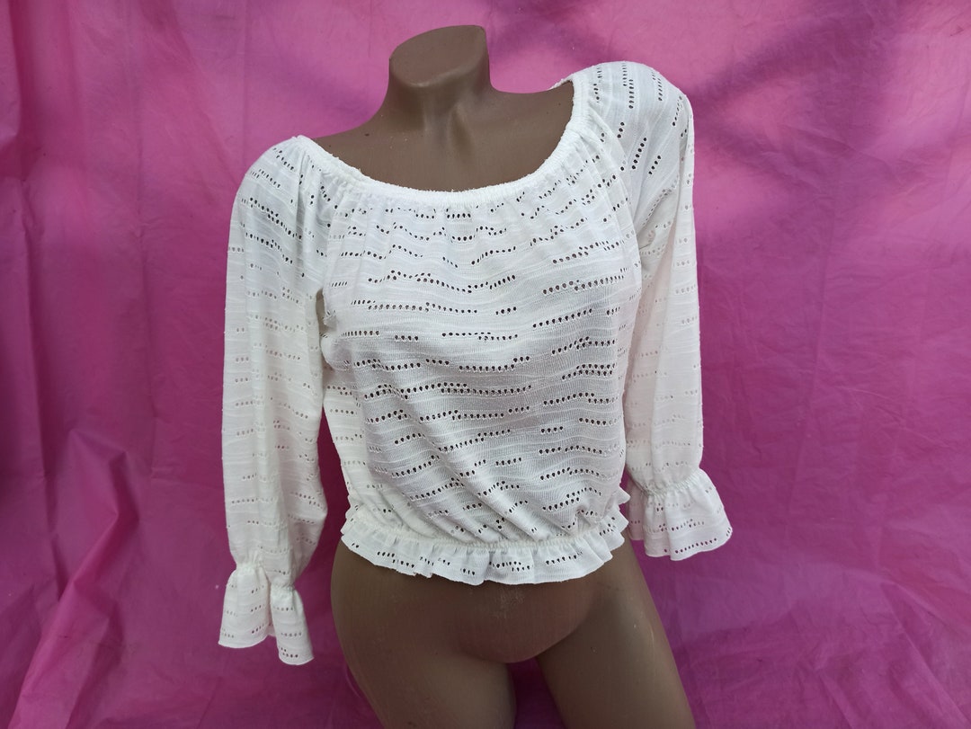 90s Vintage White Boho Crop Top With Puff Sleeves. Lace Mesh Top With ...