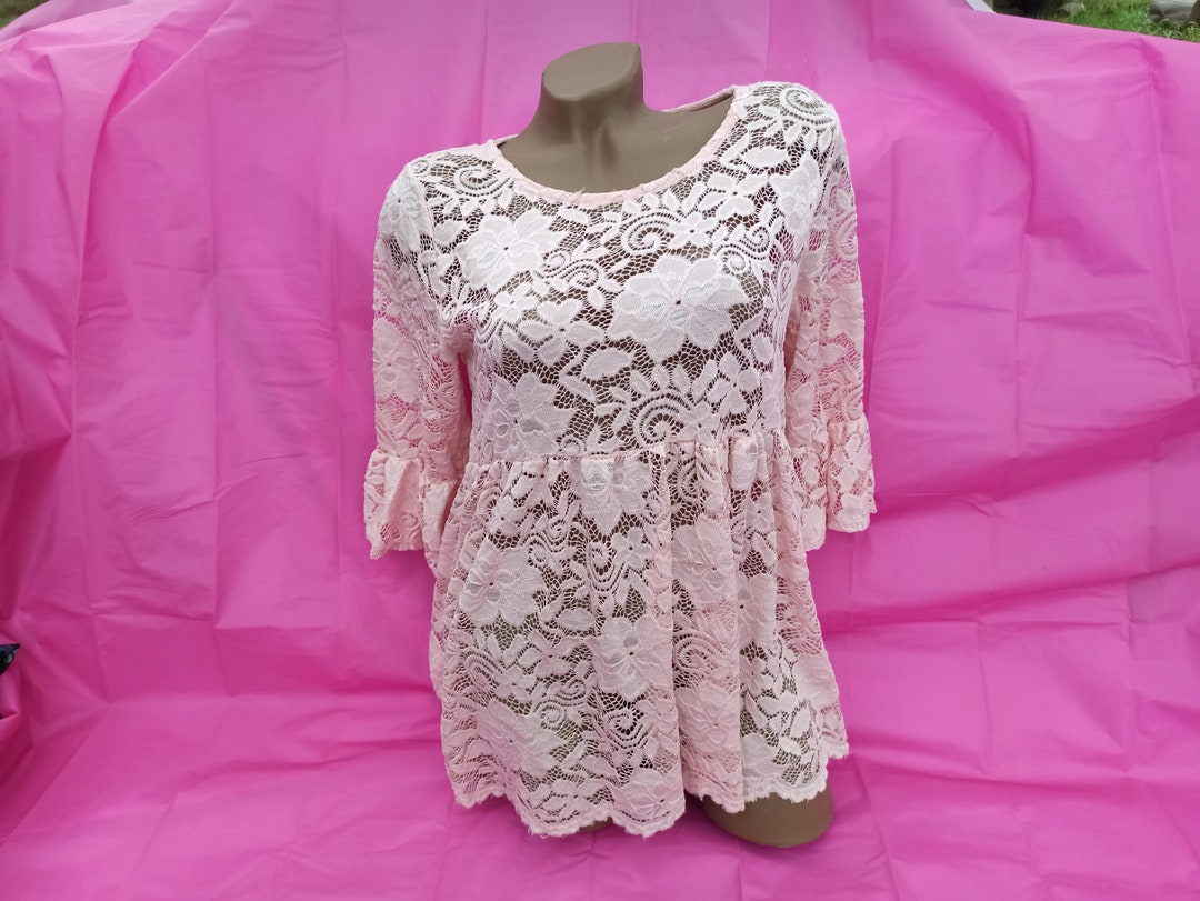 90s Vintage Soft Pink Transparent Blouse. Flared Guipure Blouse. Size M ...