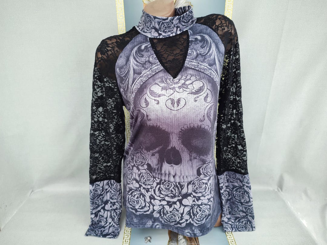 90s Women's Black Gray Lace Goth Top Long Sleeves. Sizes S-M. - Etsy