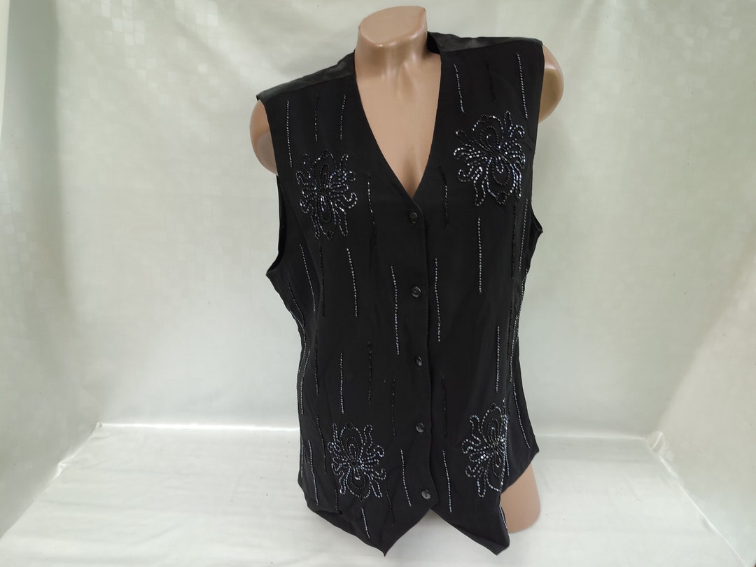 90s Vintage Womens Black Shiny Rhinestone Vest. Size XL. - Etsy UK