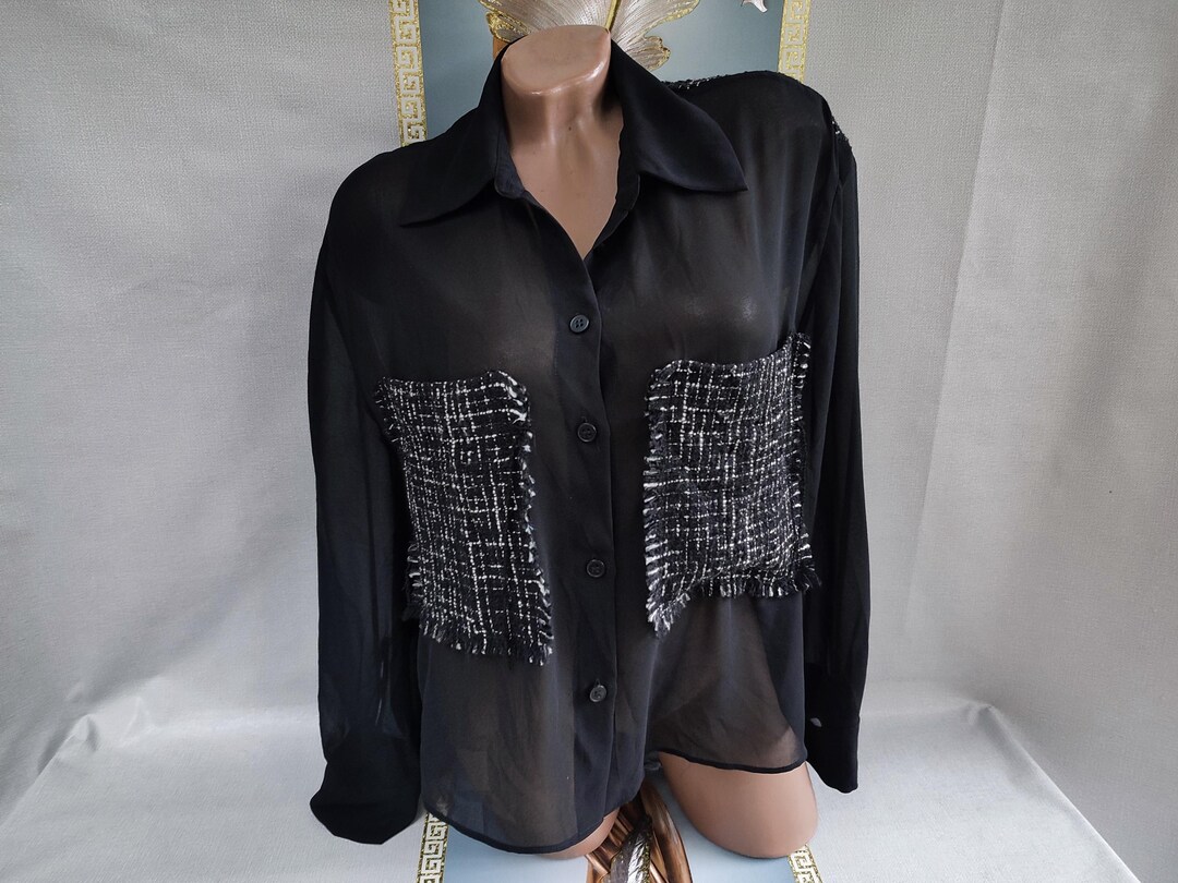 90s Women's Black Translucent Blouse With Patches, Long Sleeve. Sizes ...