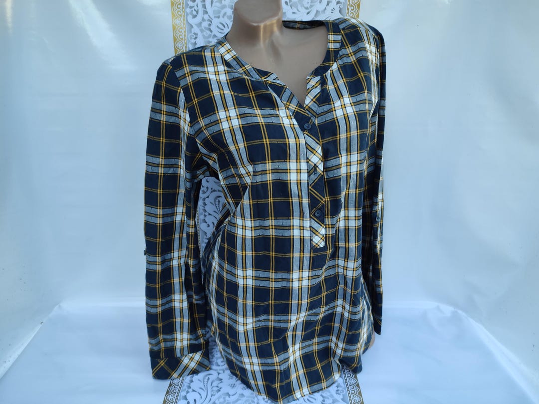 90s Vintage Cotton Women's Black Yellow Check Blouse Long Ruffle Sleeve ...