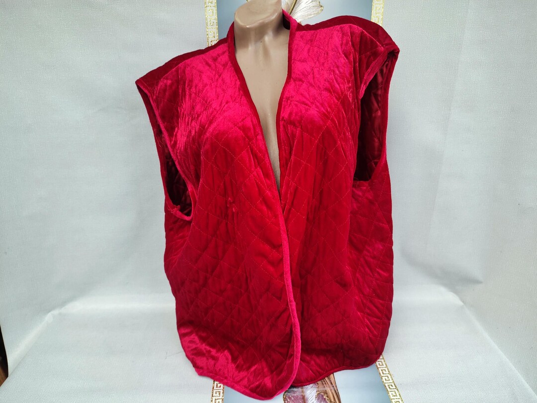 90s Women's Red Quilted Velvet Vest With Open Front. Size Extra Large ...