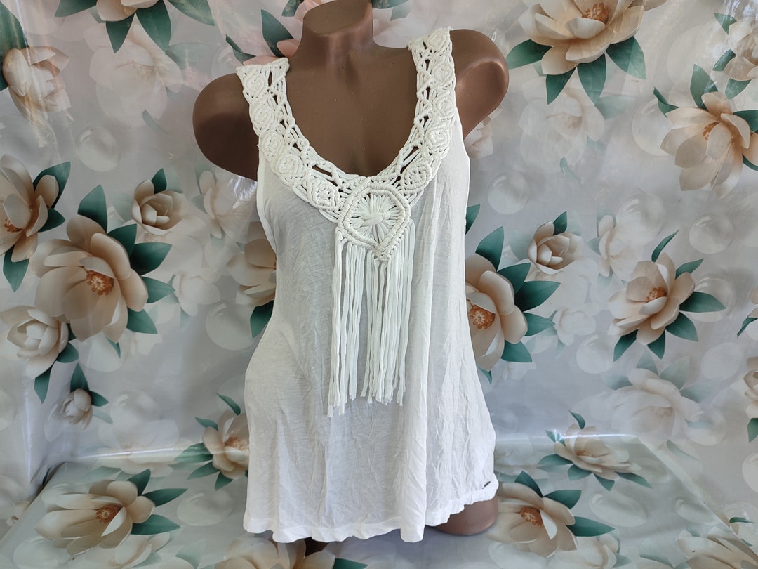 90s Vintage Viscose White Boho Sleeveless Top With Braided Details ...