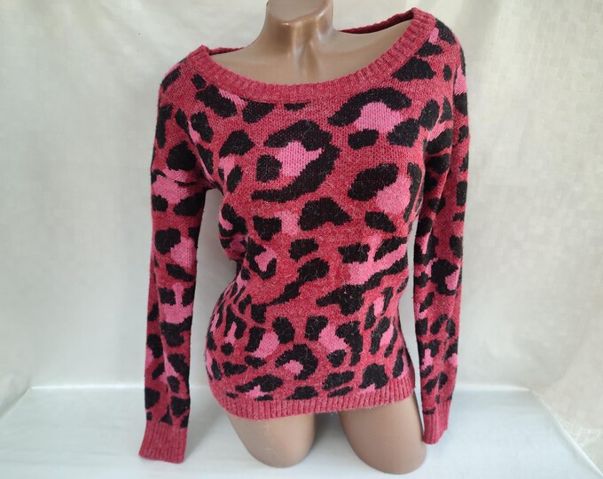 90s Vintage Wool Women Pink Leopard Print Sweater Long Sleeve. Size XXS ...
