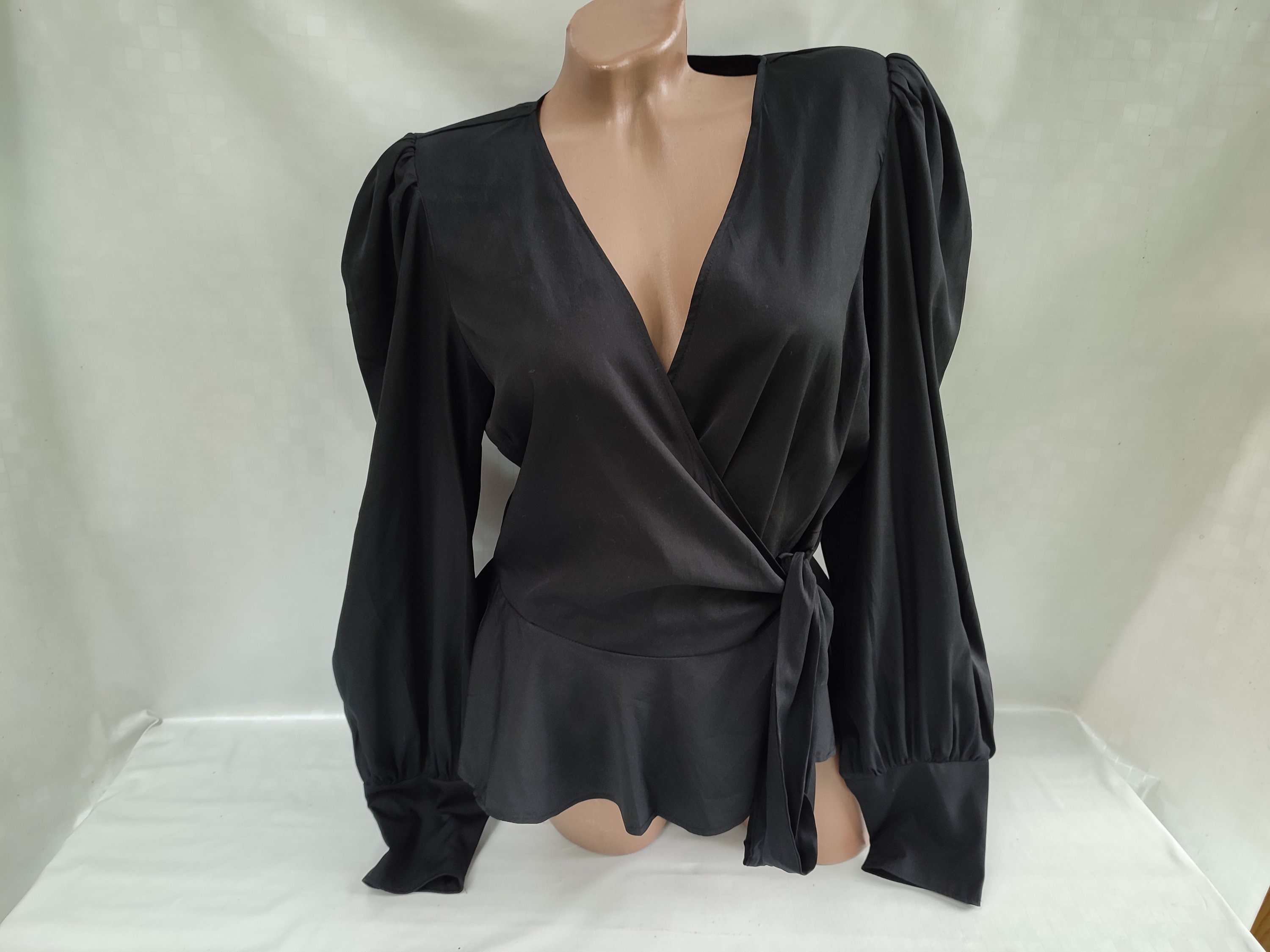 90s Vintage Womens Black Deep V Neck Blouse/shirt Tie Long 90s Vintage Womens Black Deep V Neck Blouse/shirt Tie Long