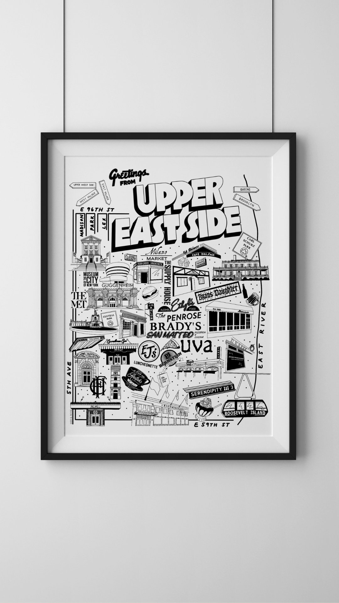 Hand-drawn Upper East Side NYC Wall Art With Neighborhood Institutions ...