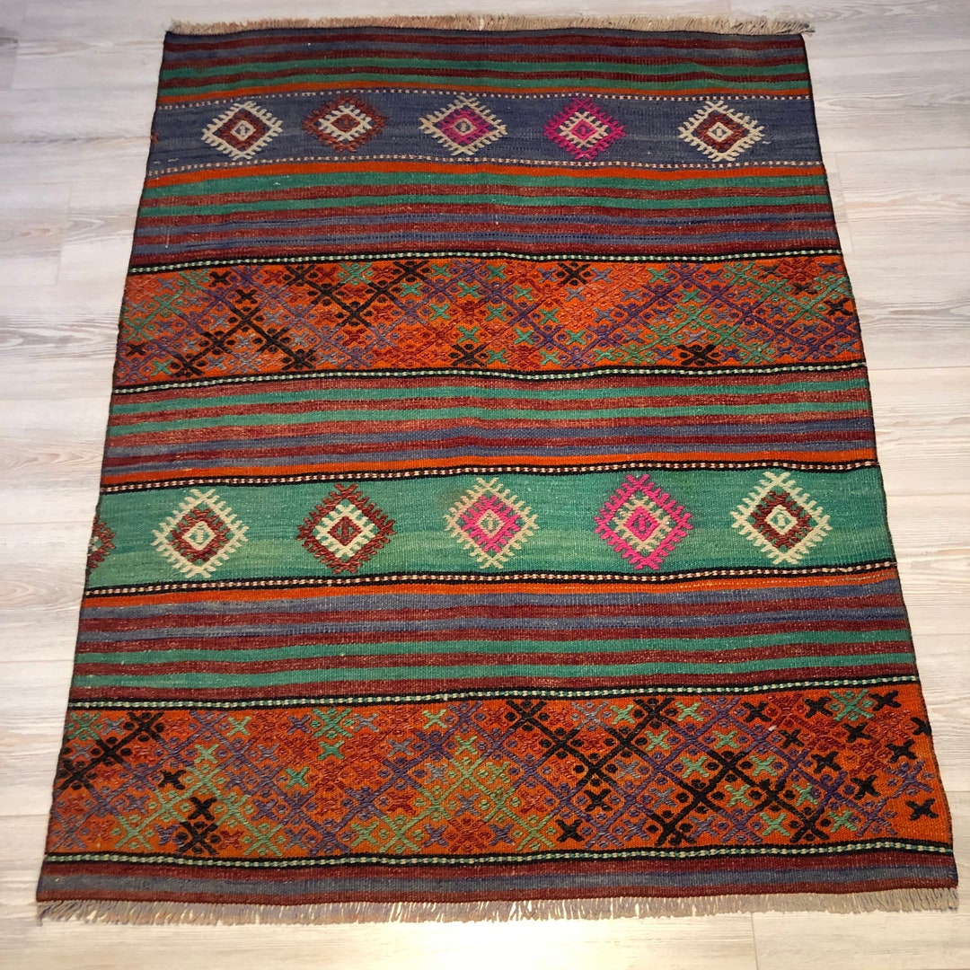 3x4 Ft Green and Orange Striped Vintage Tribal Turkish Kilim Rug ...